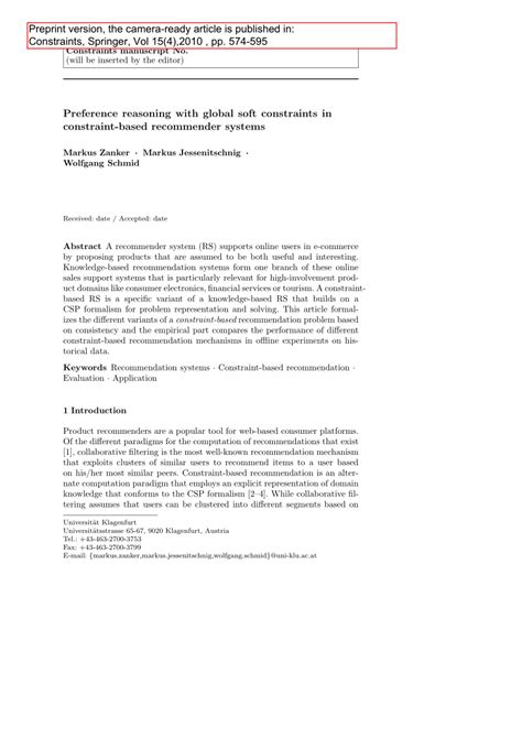Pdf Preference Reasoning With Soft Constraints In Constraint Based