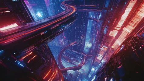 A Futuristic Cityscape Featuring Illuminated Highways And Towering Structures Stock Illustration