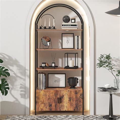 Jehiatek Arched Bookshelf Bookcase With Doors Storage 71 Inches Tall