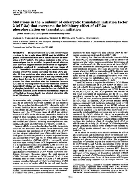 Pdf Mutations In The α Subunit Of Eukaryotic Translation Initiation Factor 2 Eif 2α That