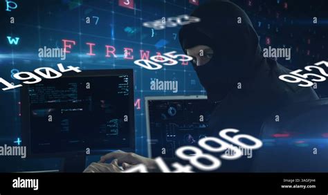 image of data processing over caucasian hacker using computer stock