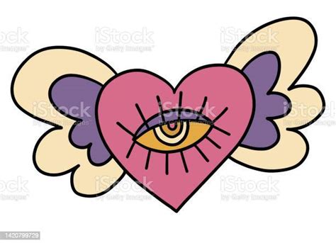 상징은 60 년대 70 년대의 복고풍 스타일로 날개와 눈을 가진 심장입니다 60 69세에 대한 스톡 벡터 아트 및 기타 이미지 60 69세 70 79세 날개를 펼치다