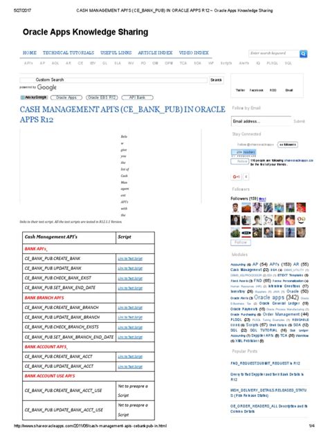 Cash Management Apis Ce Bank Pub In Oracle Apps R12 Oracle Apps Knowledge Sharing Pdf