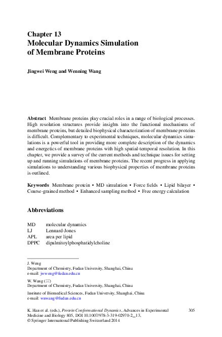 Pdf Molecular Dynamics Simulation Of Membrane Proteins