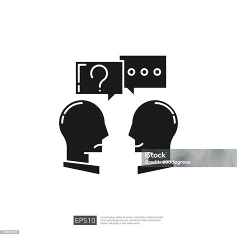 이 이미지는 양식화된 두 사람의 머리가 서로 마주보고 있는 모습을 묘사하고 있으며 그 위에는 물음표와 점이 포함된 말풍선이 있어