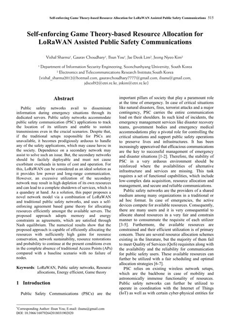 Pdf Self Enforcing Game Theory Based Resource Allocation For Lorawan Assisted Public Safety