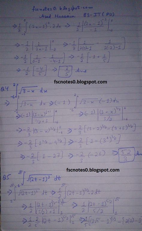 Fsc Ics Notes Math Part 2 Chapter 3 Integration Exercise 3 6 Question 1 9