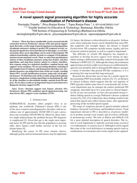 Pdf A Novel Speech Signal Processing Algorithm For Highly Accurate Classification Of Parkinson