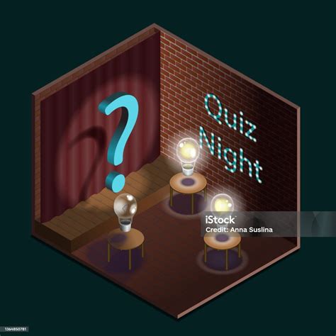 펍 퀴즈 퀴즈 지적 게임 밤 일러스트 무대와 질문 대답 아이디어를 상징하는 전구와 팀 테이블에 물음표 3d 렌더링 이좀트리 바 룸 포스터 심지어 공지 사항 등 3차원 형태에