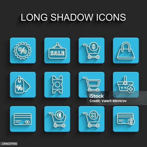 라인 설정 신용 카드 장바구니 및 유로 할인 비율 태그 쇼핑 제거 달러 쿠폰 장바구니에 추가 및 아이콘 벡터 0명에 대한 스톡 벡터 아트 및 기타 이미지 Istock