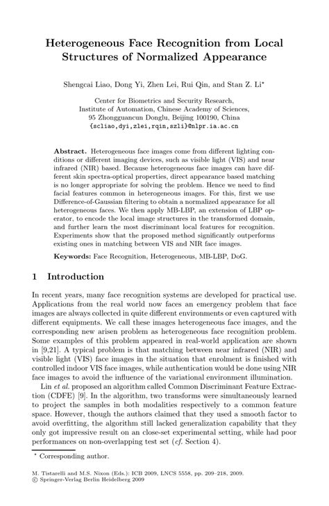 Pdf Heterogeneous Face Recognition From Local Structures Of Normalized Appearance