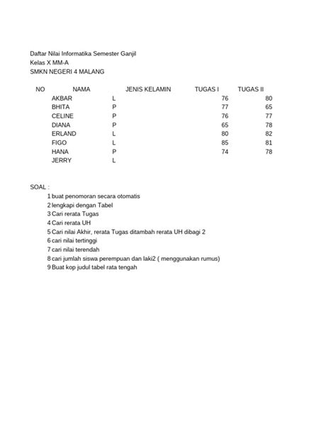 Template Latihan Excel 1 Pdf