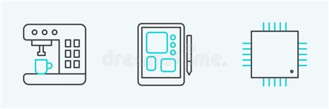 Set Line Processor With Microcircuits Cpu Coffee Machine And Graphic