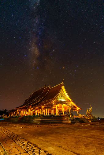 Beautiful Sirindhorn Wararam Phu Prao Temple With Spectacular Milky Way