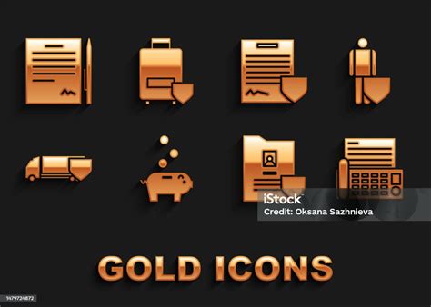 동전 생명 보험 방패 팩스 문서 배달화물 트럭 계약 펜 및 여행 수하물 아이콘으로 돼지 저금통을 설정합니다 벡터 개념에 대한 스톡 벡터 아트 및 기타 이미지 Istock