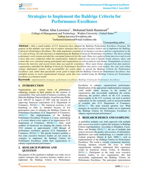 Pdf Strategies To Implement The Baldrige Criteria For Performance