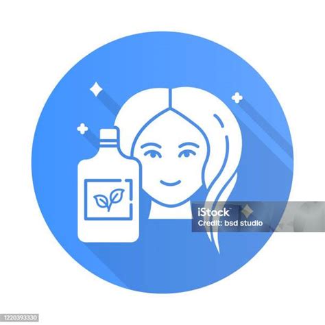 내츄럴 샴푸 보틀 블루 플랫 디자인 롱 섀도우 글리프 아이콘 Sls 파라벤 무료 헤어 케어 제품 위생 저자극성 식물 기반 유기 화장품 벡터 실루엣 일러스트레이션 개념에 대한