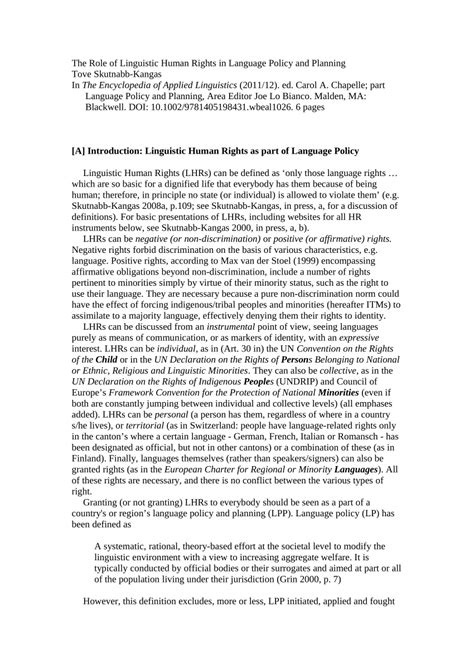 Pdf The Role Of Linguistic Human Rights In Language Policy And Planning