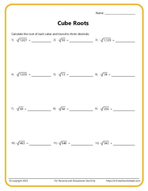 Square Roots Cube 4th 5th And 6th Roots K12 Math Worksheets