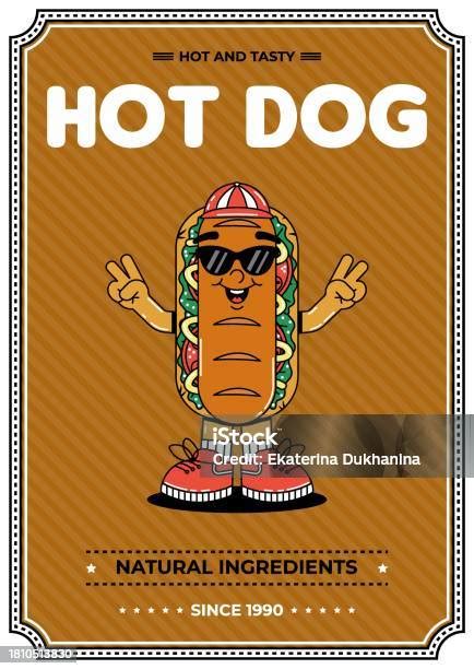 복고풍 그루비 만화 캐릭터 패스트 푸드 포스터 사이키델릭한 미소와 감정을 가진 빈티지 마스코트 핫도그 펑키 벡터 일러스트 레이 션 복고풍에 대한 스톡 벡터 아트 및 기타