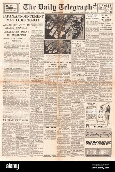 1945 The Daily Telegraph Front Page Reporting Surrender Of Japan