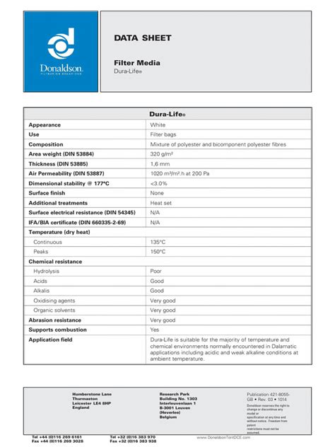 Datasheet Filter Media Dura Life 4218055gb Pdf Materials