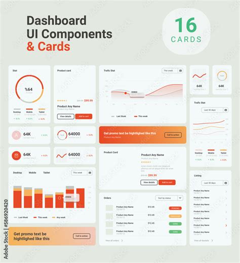 Dashboard Ui Kit Components And Cards In Vector Format Stock Vector
