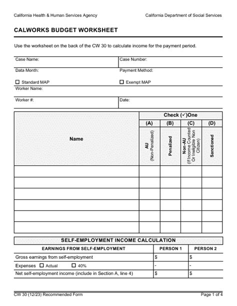 Form Cw30 Download Fillable Pdf Or Fill Online Calworks Budget