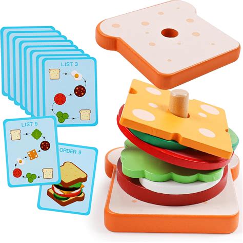 Wooden Sandwich Sorting Stacking Toys Play Food Set For