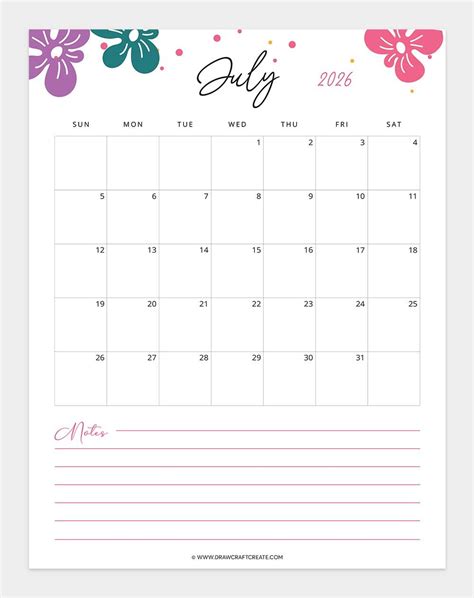 Free Printable July 2026 Calendars 43 Design Draw Craft Create