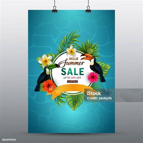 여름 판매 배너 열 대 꽃과 단풍 큰부리새 및 자연에 이국적인 잎 녹색 배경 0명에 대한 스톡 벡터 아트 및 기타 이미지 0