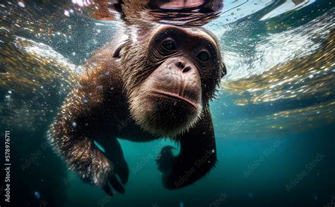 Monkey swims underwater in turquoise sea. Monkey hunting for fish in ...