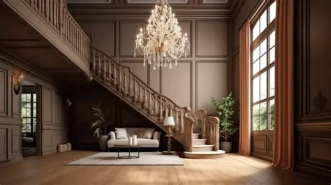 계단통 3d 렌더링된 이미지 근처에 빈티지 나무와 샹들리에가 있는 따뜻한 톤의 고전적인 거실 고급 아파트 호텔 인테리어
