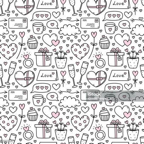샴페인 반지 하트 구름 편지 커피 컵 케이크로 발렌타인 데이를위한 귀여운 매끄러운 패턴 벡터 손으로 그린 낙서 그림입니다 휴일 디자인 인쇄 장식 포장에 적합 검은색에 대한