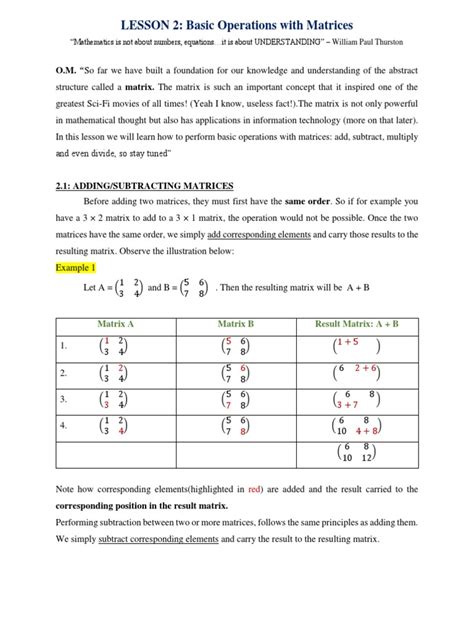 4th Form Math Lesson 2 Basic Operations With Matrices Pdf