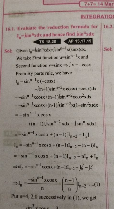 16 1 Evaluate The Reduction Formula For In ∫sinnxdx And Hence Find Sin4