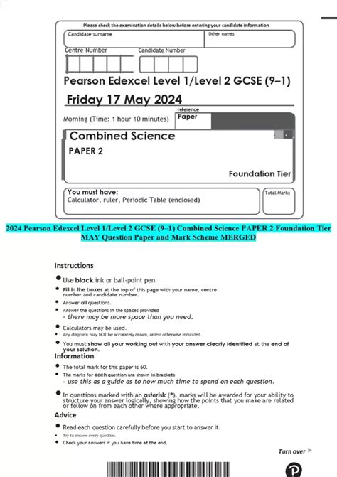 2024 Pearson Edexcel Level 1 Level 2 Gcse 9 1 Combined Science Paper 2 Foundation Tier May