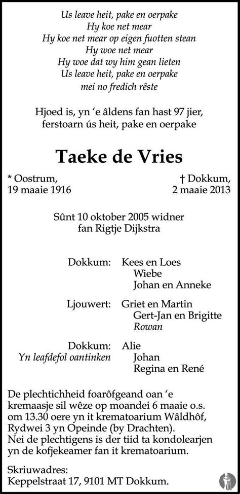 Taeke De Vries 02 05 2013 Overlijdensbericht En Condoleances Mensenlinq Nl