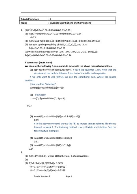 Tutorial 5 Solutions Ab1202 Week 5 Class Work Tutorial Solutions 5 Topics Bivariate