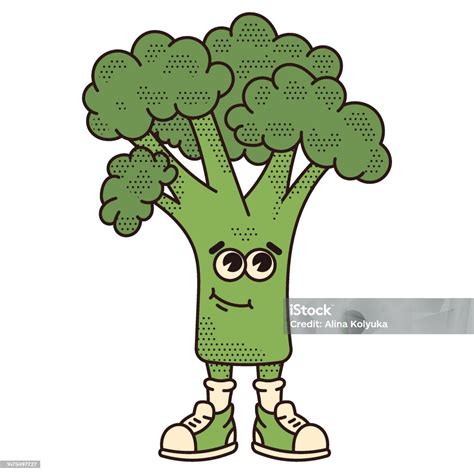 캐릭터 브로콜리 야채 귀여운 만화 캐릭터가 있는 현대적인 그림 70년대 복고풍 분위기 1960 1969 년에 대한 스톡 벡터 아트 및 기타 이미지 1960 1969 년