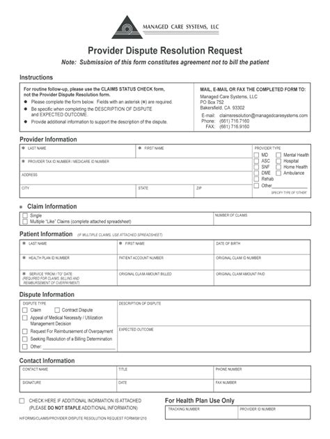 Fillable Online Managed Care Systems Llc Provider Dispute Resolution