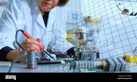 Image Of Mathematical Equations Over Caucasian Female Scientist In Lab