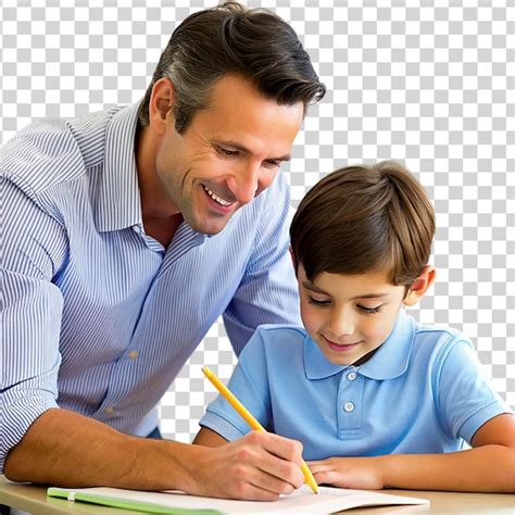 Premium Psd A Male Teacher And Boy Writing Together In A Book