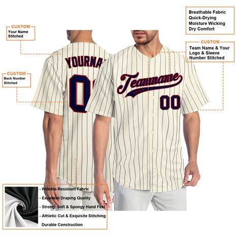 Custom Cream Navy Pinstripe Navy Red Baseball Jersey V3 Custom Stitch