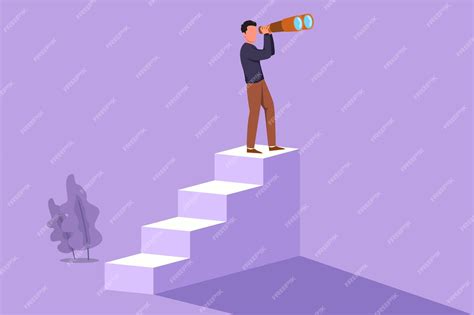 쌍안경으로 계단에 서 있는 매력적인 사업가를 그리는 만화 플랫 스타일 비즈니스 심볼 리더십 전략 미션 목표 그래픽 디자인 벡터 그림의 비전 개념 프리미엄 벡터