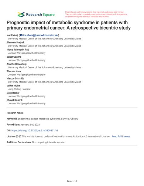 Pdf Prognostic Impact Of Metabolic Syndrome In Patients With Primary