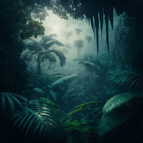 A Jungle Path Obscured By Fog With Twisted Roots And Vines Blocking The Way Stock Illustration