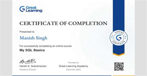 My Sql Basics Course Completion Certificate For Manish Singh Manish Singh