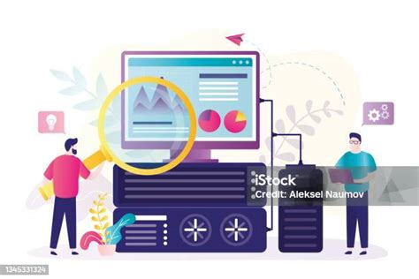 돋보기가 있는 작업자는 컴퓨터와 전원 공급 장치를 진단합니다 두 개의 Sysadmin서버에서 기술 작업을 수행합니다 데이터베이스에 대한 스톡 벡터 아트 및 기타 이미지