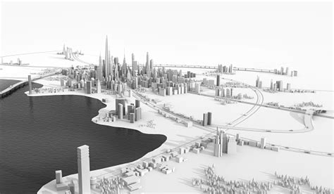 호수에 위치한 고층 빌딩이있는 아름다운 현대 도시의 탁 트인 전망 교외 지역 도시로 이어지는 많은 고속도로 다리 녹색 및 도로의 교통량 3d 렌더링 0명에 대한 스톡 사진